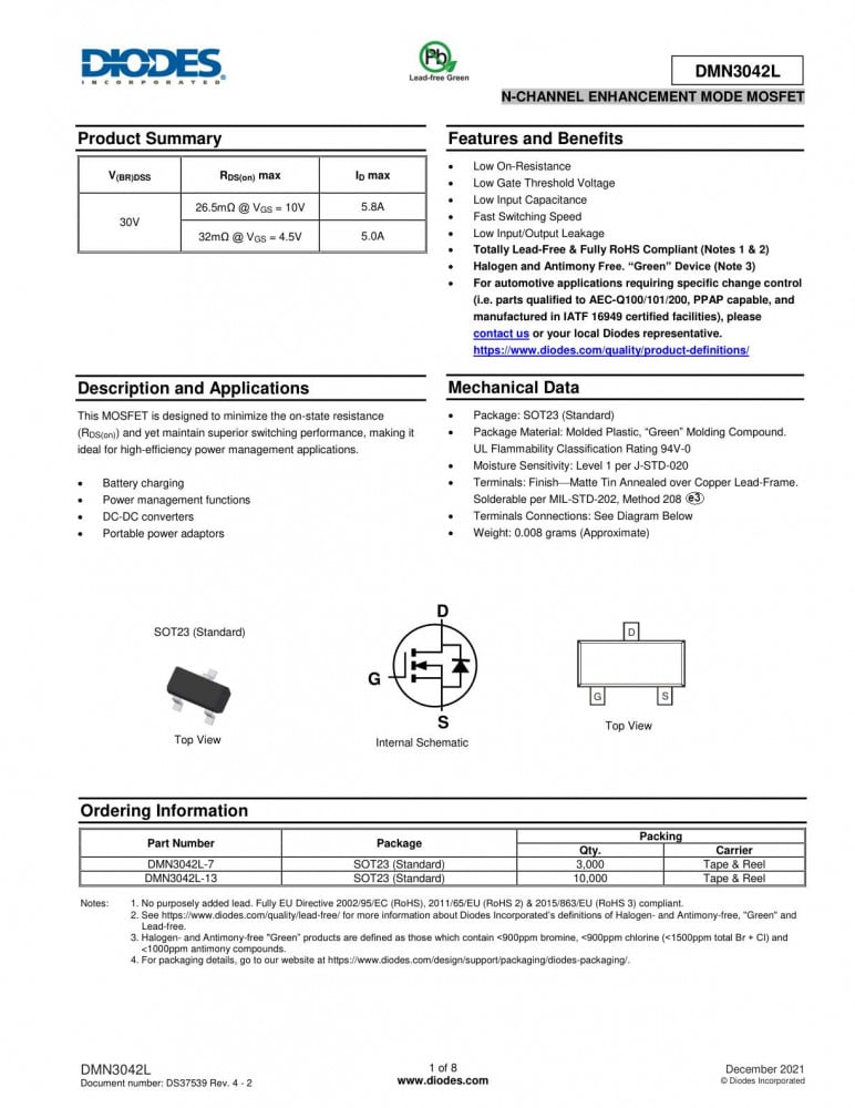 DMN3042L-7 datasheet page 1