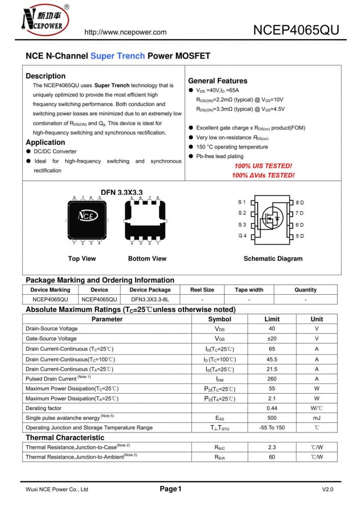 NCEP4065QU datasheet page 1