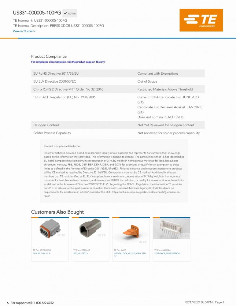 US331-000005-100PG technical document page 1