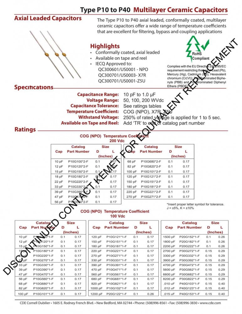 CDE P10 to P40 capacitor datasheet page 1