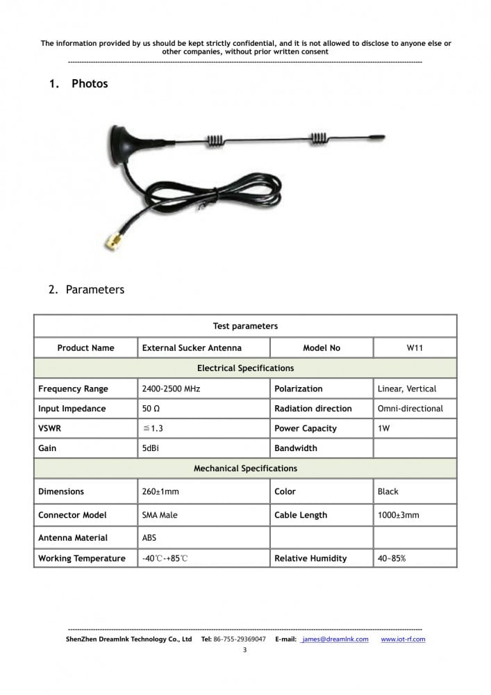 W11-2.4G electrical parameters page