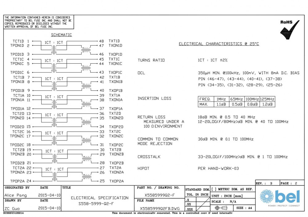 Bel Fuse S558-5999-Q2-F electrical schematic and characteristics