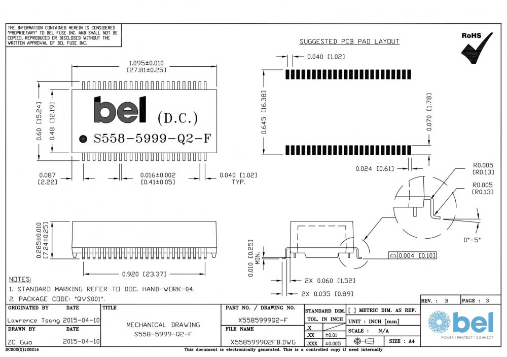 Bel Fuse S558-5999-Q2-F mechanical drawing and package information