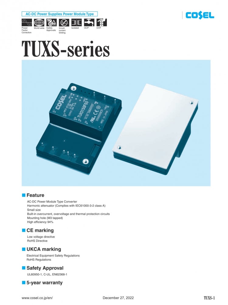 Cosel TUXS series datasheet page 1