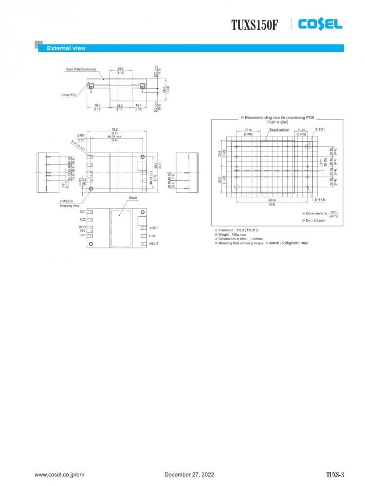 Cosel TUXS series datasheet page 3