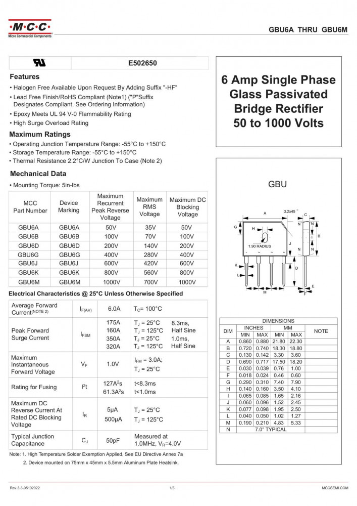 GBU6M-BP datasheet page 1
