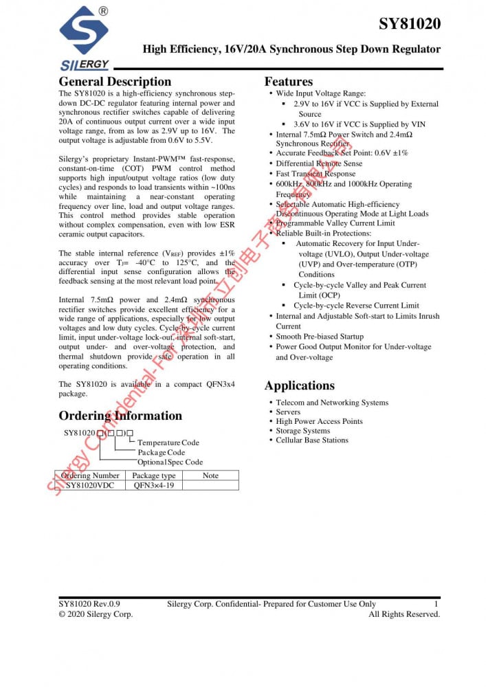 SY81020VDC datasheet page 1
