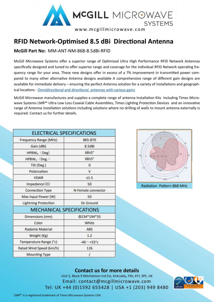 MM-ANT-NM-868-8.5DBI-RFID technical document and 868 MHz radiation pattern