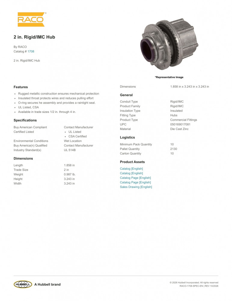 Product documentation image for RACO catalog 1708, 2 inch Rigid/IMC Hub