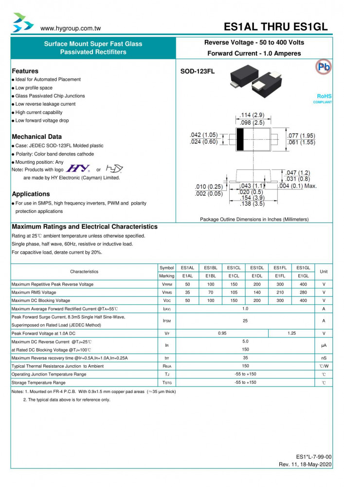 ES1BL datasheet page 1