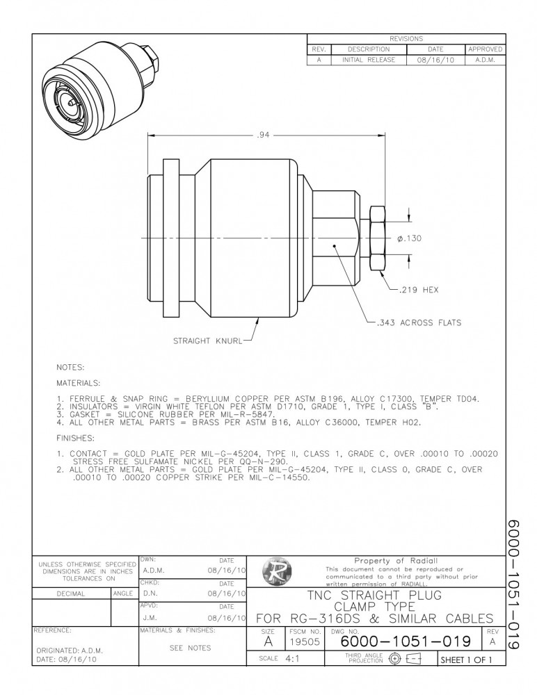 Radiall drawing preview for TNC straight plug clamp type, model 6000-1051-019