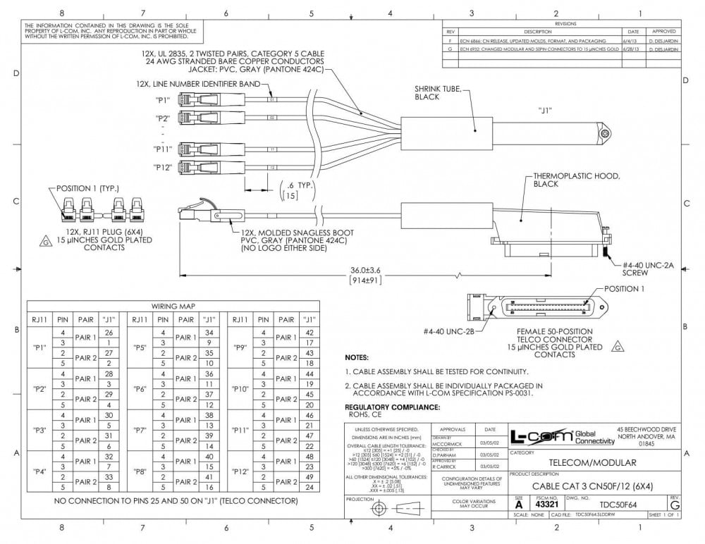 L-com TDC50F64 wiring map and engineering drawing