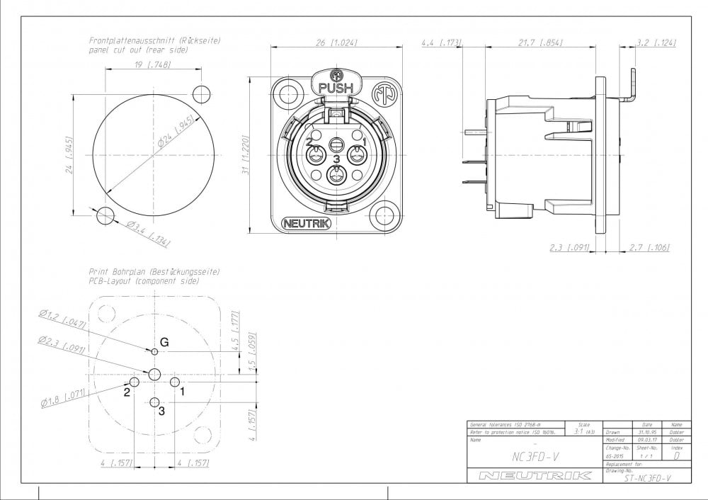 Neutrik NC3FD-V technical drawing