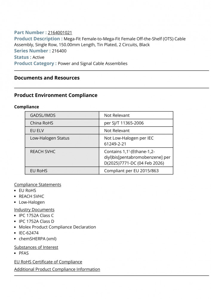 Product document visual 1 for MOLEX 2164001021