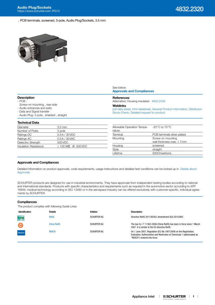 SCHURTER 4832.2320 technical documentation page 1