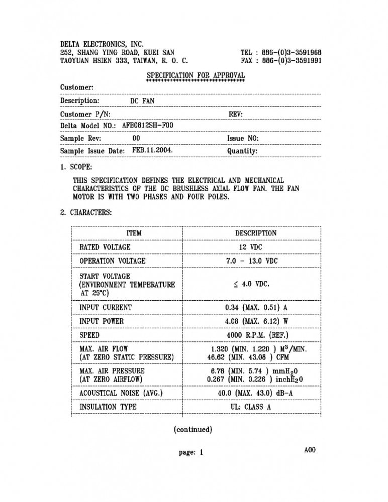 AFB0812SH-F00 specification page 1