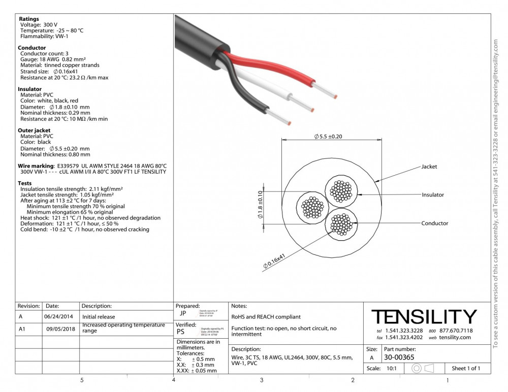 30-00365 product drawing and cable specification