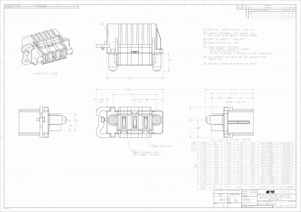 TE Connectivity 292499 customer drawing page 1
