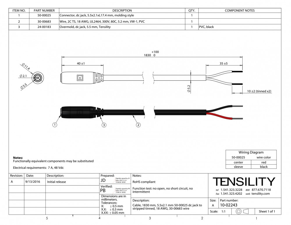 Tensility International 10-02243 cable assembly drawing