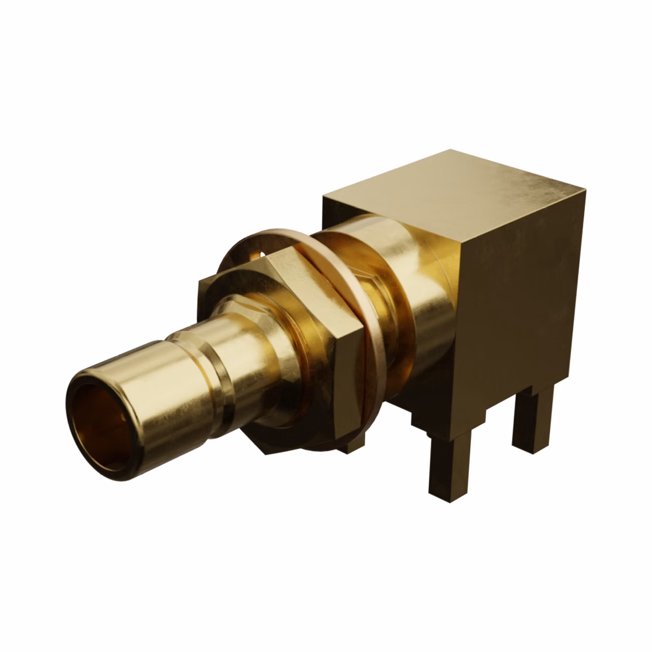 SMB Jack, Right-Angle, Bulkhead Receptacle, PCB, Through Hole, Brass Body, Gold (Au) Plated, with Nut and Lockwasher, Tray, 50 Ohms for sale