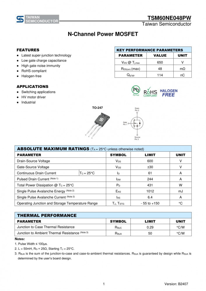 TSM60NE048PW datasheet page 1