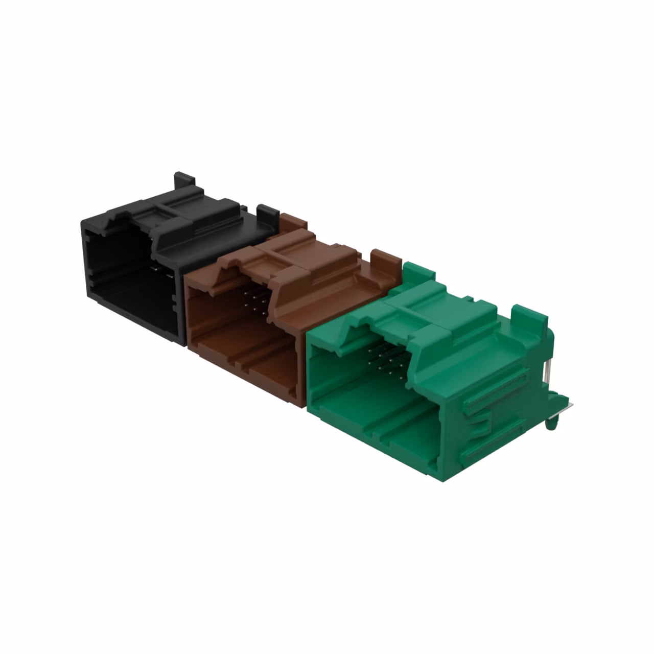 Stac64 3 Bay Right-Angle Headers, 50 Circuits, Bay A 10 Circuit Power Header, Polarization A, Black; Bay B 20 Circuit Signal Header, Polarization C, Brown; Bay C 20 Circuit Signal Header, Polarization D, Green; Tray for sale