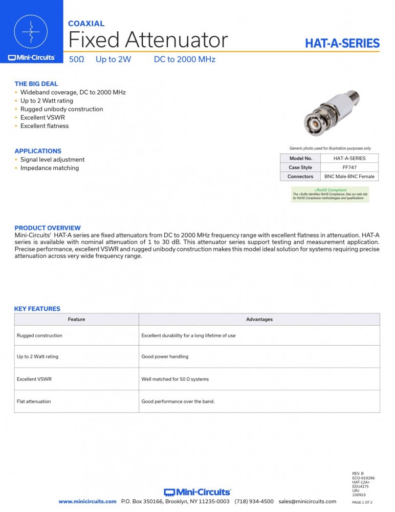 Mini-Circuits HAT-12A+ datasheet page 1