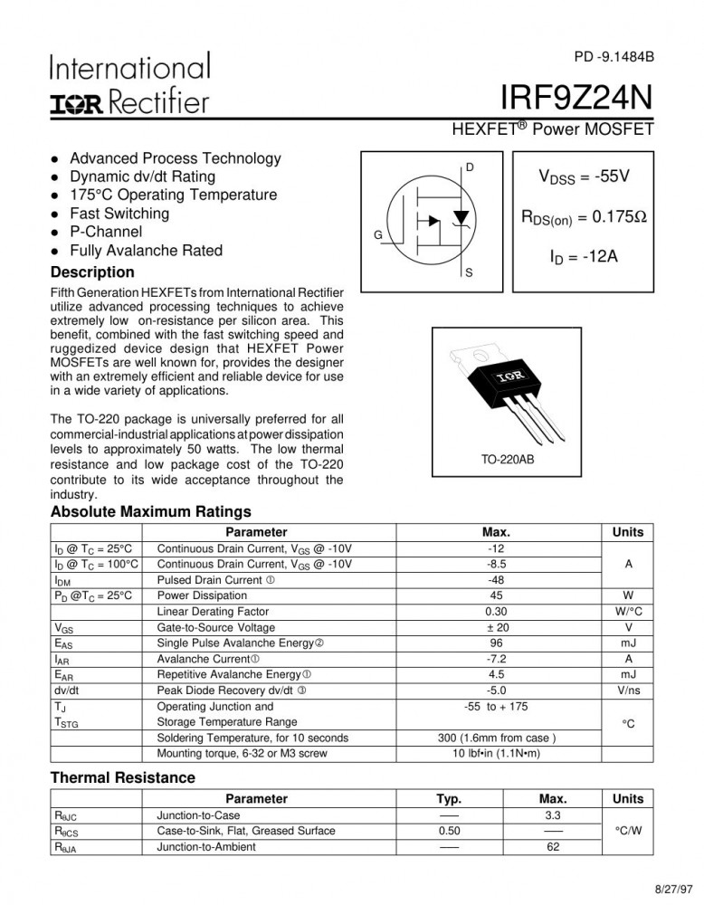 IRF9Z24NPBF technical document page 1