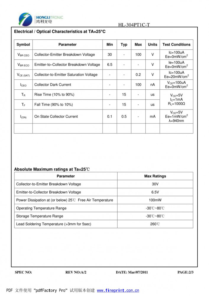 HL-304PT1C-T datasheet page 2