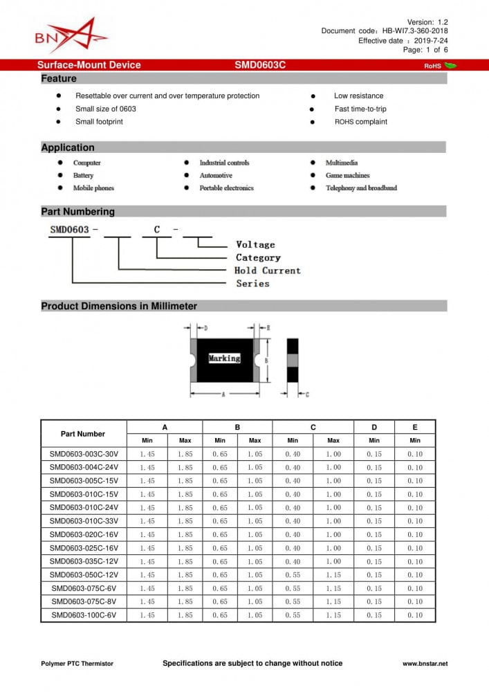 BNstar SMD0603C datasheet page 1
