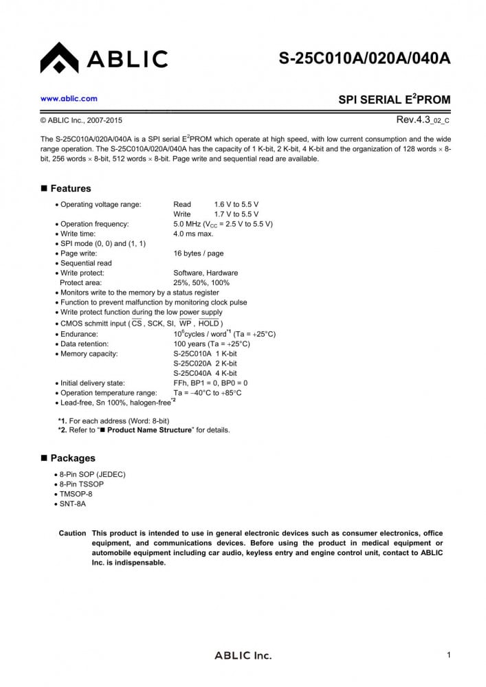 ABLIC S-25C040A0I-T8T1G datasheet page 1