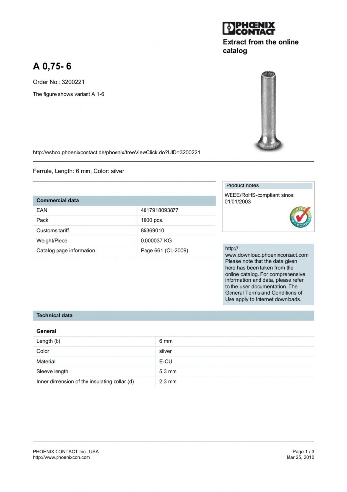 Phoenix Contact 3200221 technical document page 1