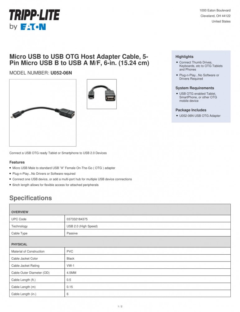 EATON U052-06N technical document page 1