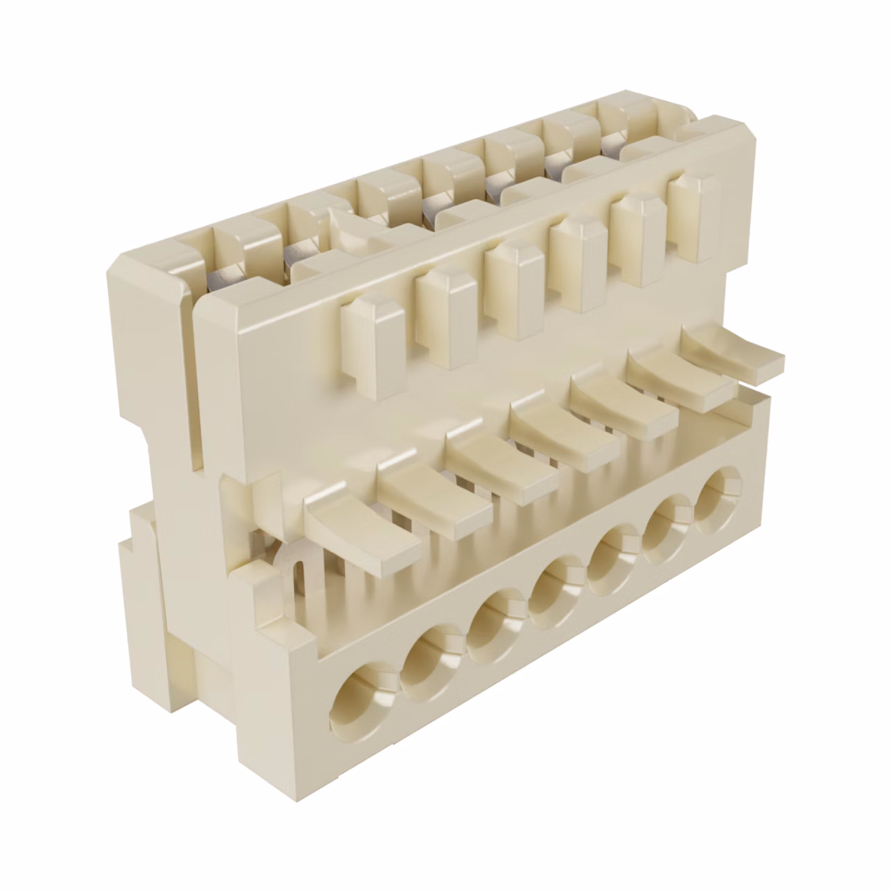 Appli-Mate RAST 2.5 Connector, 2.50mm Pitch, Female, 7 Circuits, Positions A and H Removed, Polarizing Rib Between 2/3, Locking Pips, Slotted Endwalls, Tin Plating for sale