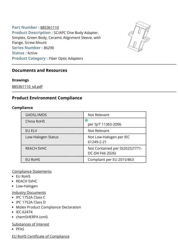 MOLEX 885361110 product drawing page 1
