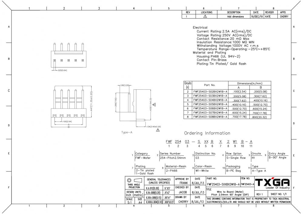 TXGA FWF25403-S02B22W1B-A technical drawing preview