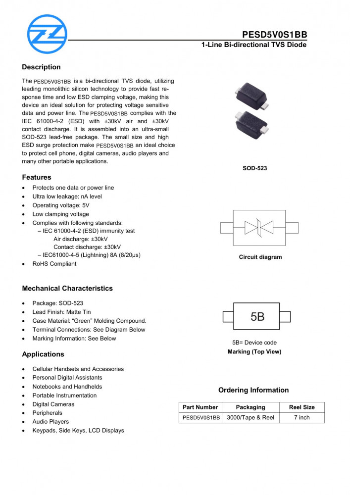 PESD5V0S1BB circuit diagram and product description