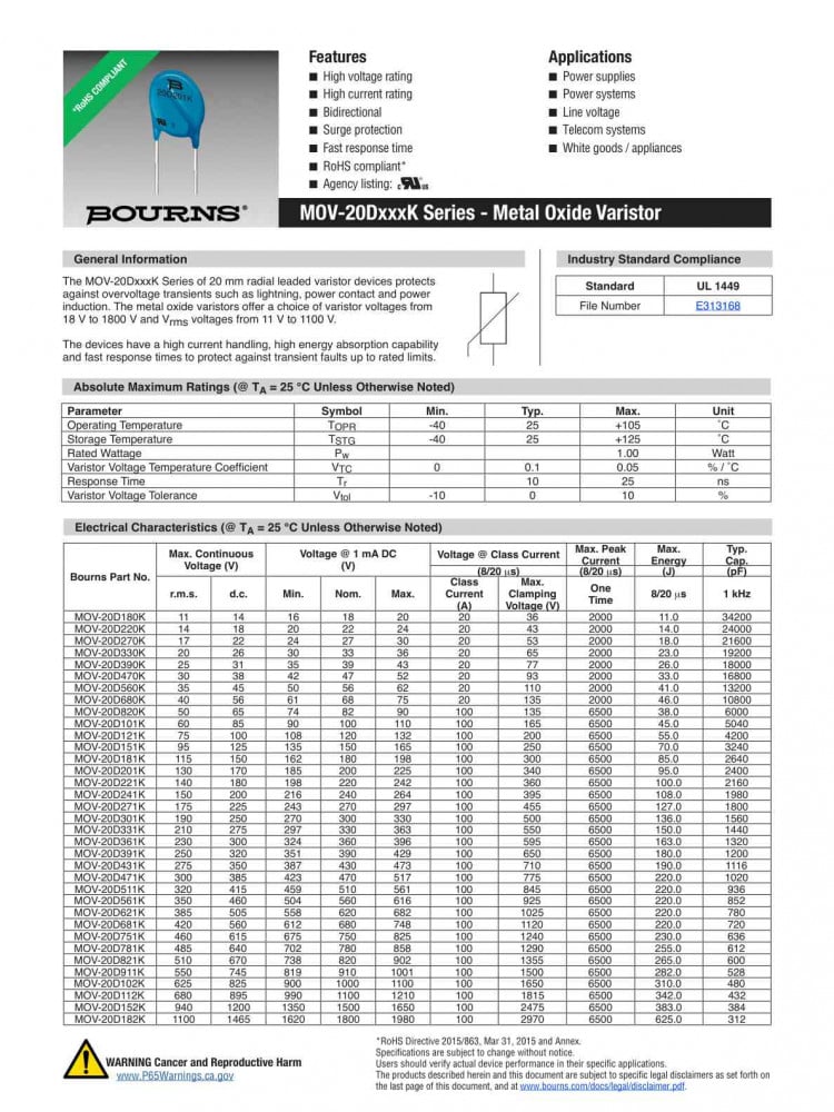 Bourns MOV-20DxxxK datasheet page 1