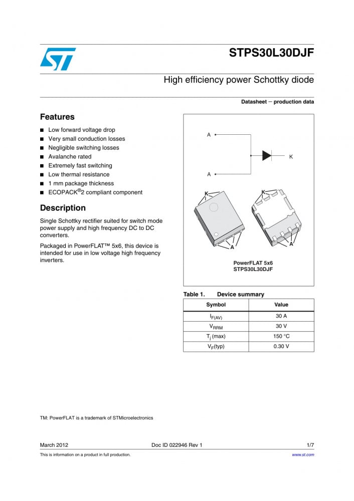 STPS30L30DJF-TR datasheet page 1
