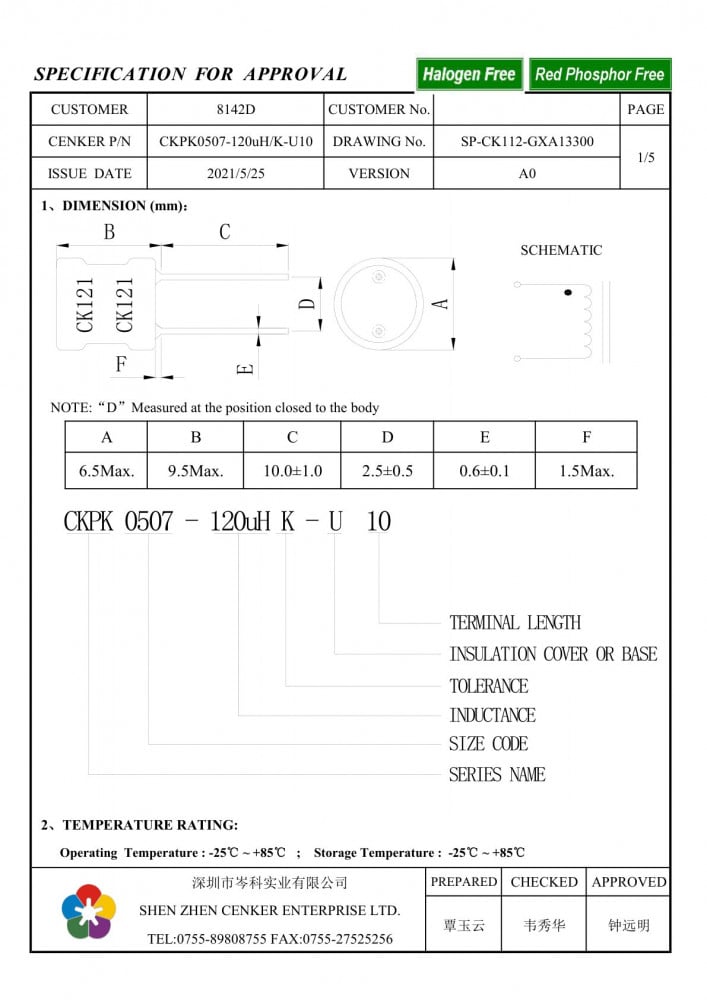 CKPK0507-120uH/K-U10 electrical requirements