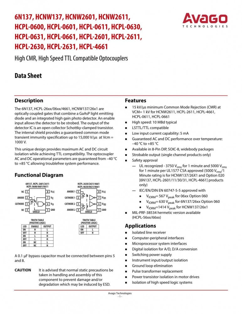 HCNW2611 datasheet page 1