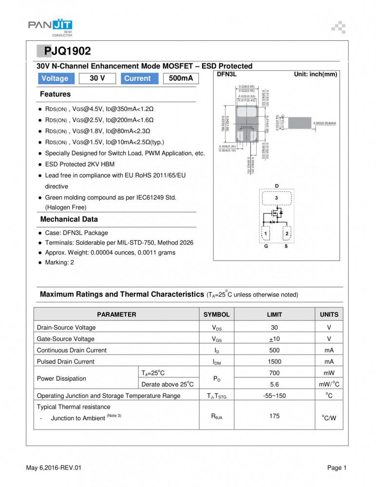 PJQ1902 datasheet page 1