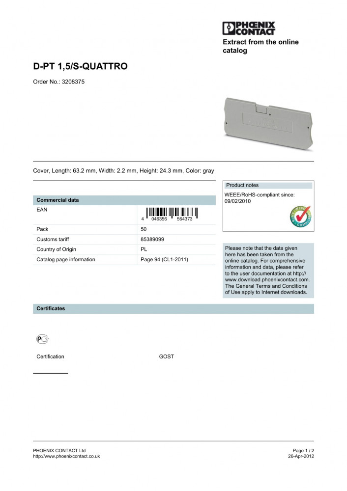 Phoenix Contact D-PT 1,5/S-QUATTRO 3208375 product documentation