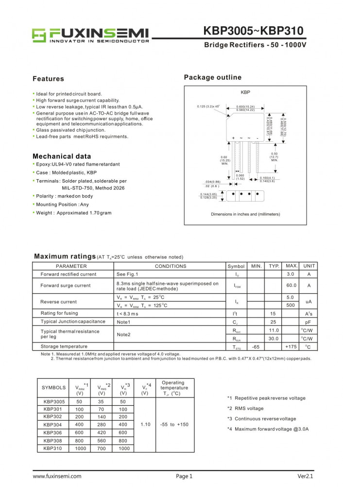 FUXINSEMI KBP310 datasheet page 1