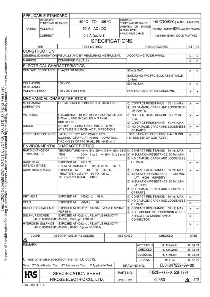 HRS FH52E-64S-0.5SH(99) specification sheet page 1
