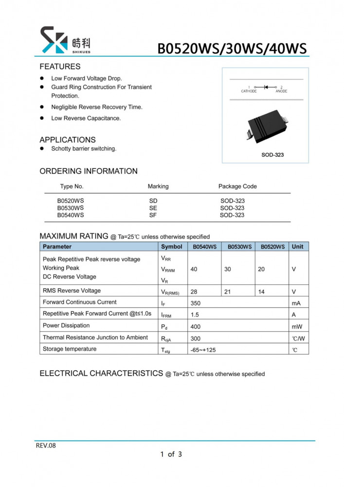 B0520WS datasheet page 1