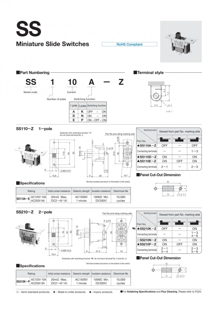 Nidec SS miniature slide switches product document page