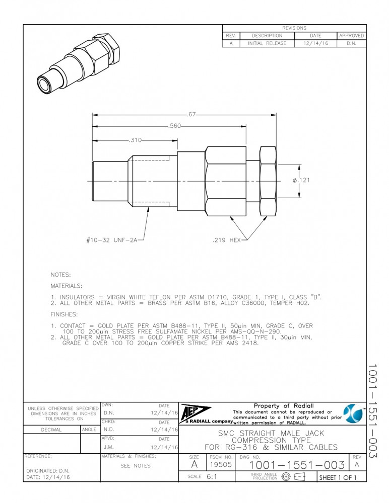 Radiall 1001-1551-003 SMC straight male jack drawing preview