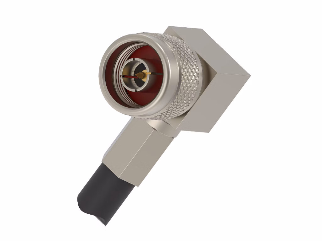 N Plug, Right-Angle, Crimp, RG-213 Cable, Brass Body, Tri-Metal Plating, Tray, 50 Ohms for sale