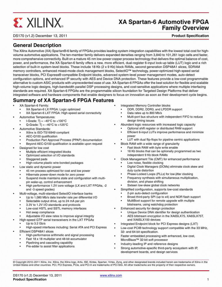 XA Spartan-6 datasheet page 1